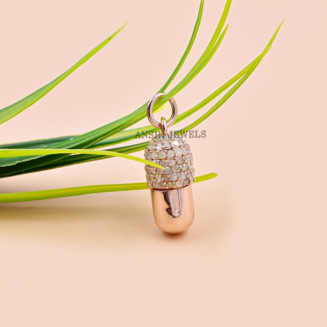 14K Rose Gold Pill Charm, Single Cut Diamond Pill Charm, Woman Capsule ...