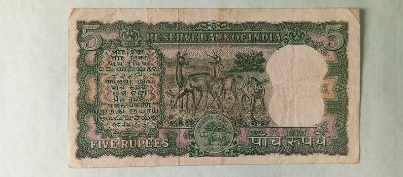 Authentic 1957 Indian Vintage 5 Rupees Banknote With Exquisite Deer ...