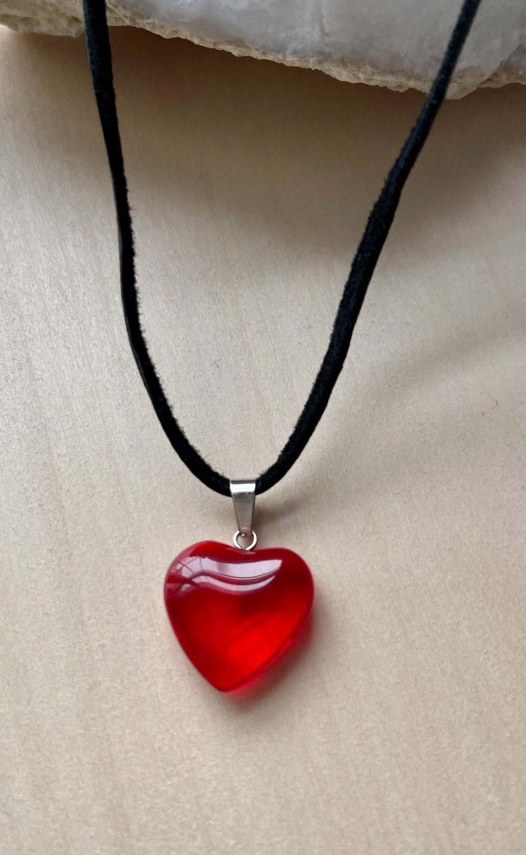 Glass Heart Small Necklace Suede Heart Necklace Choker Gift for Her ...