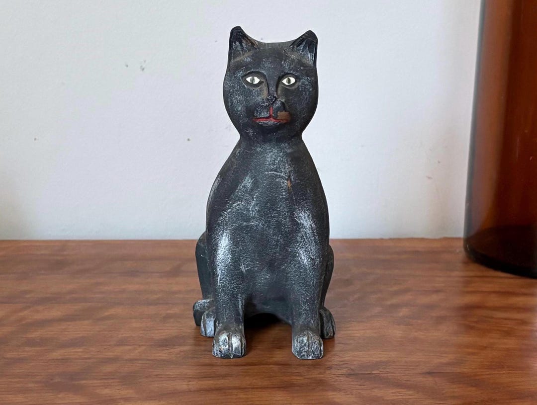 Vintage Aged Folk Art Black Cat Figurine • Handpainted Earthenware ...