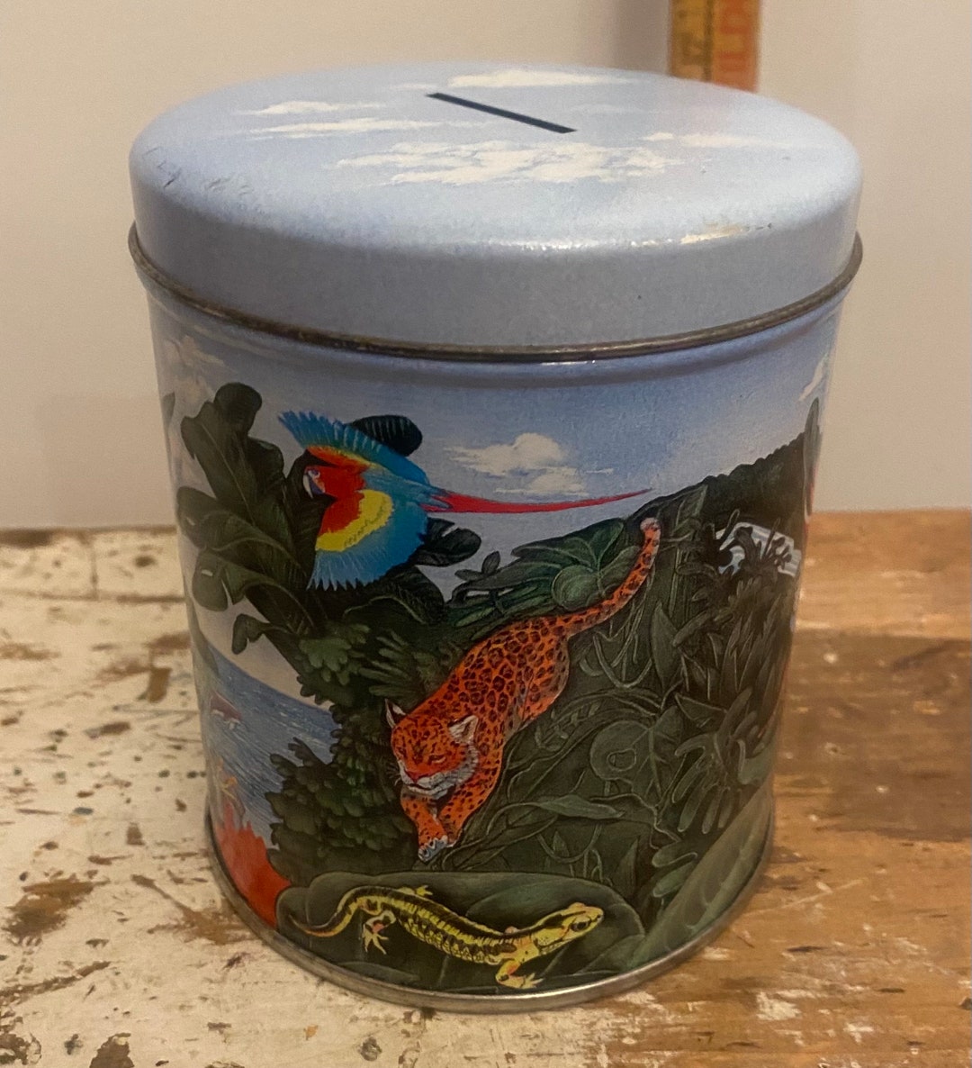 Vintage MCM Coloful Tin Bank Canister With Animals in Forest Scenes - Etsy