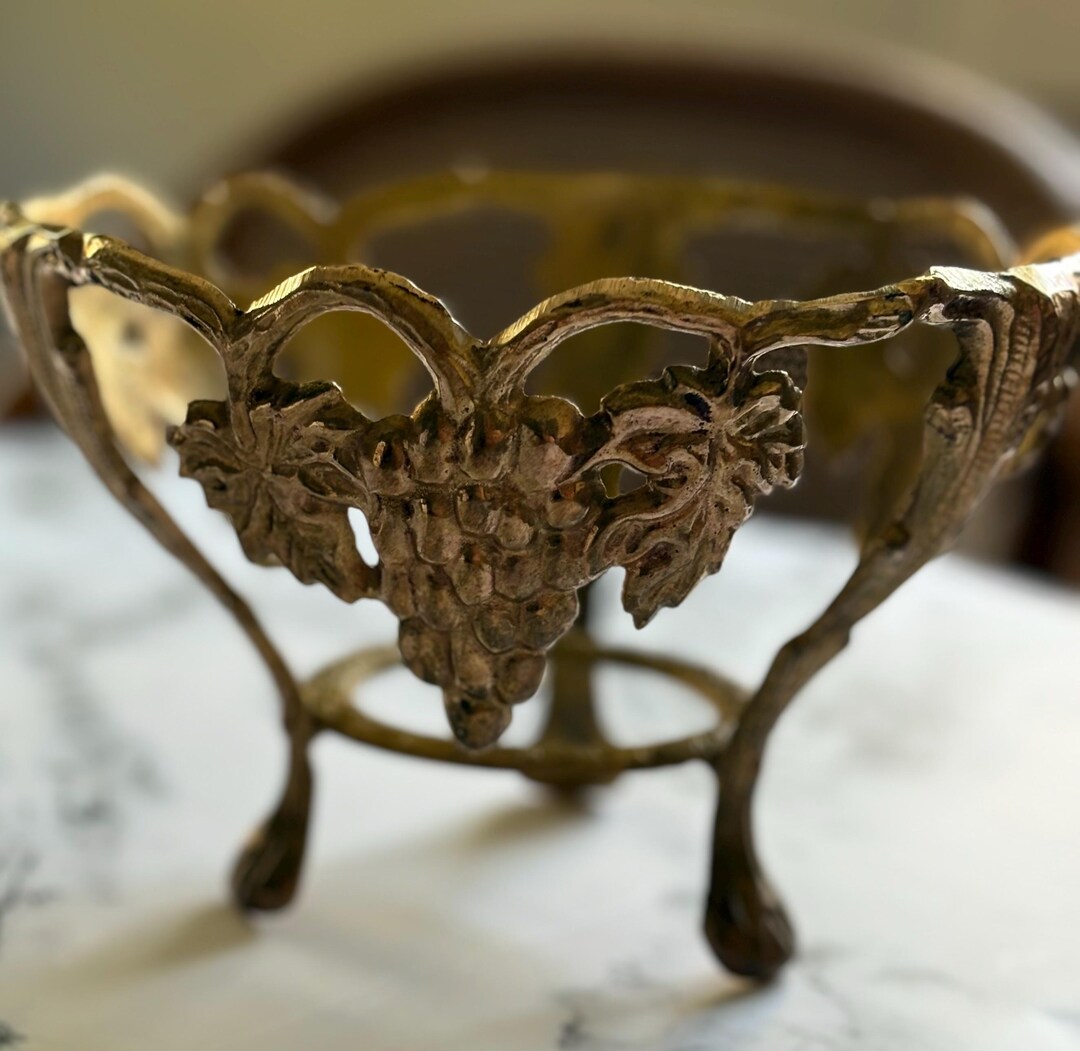 Vintage Brass Footed Pedestal Stand With Grape & Leaves Design With Age ...