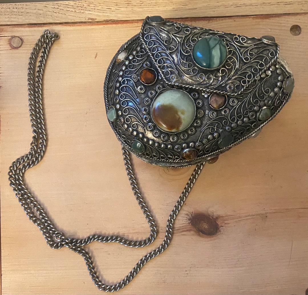 Vintage Sajai Silver Toned Metal Tear Shaped Small Purse With Natural ...