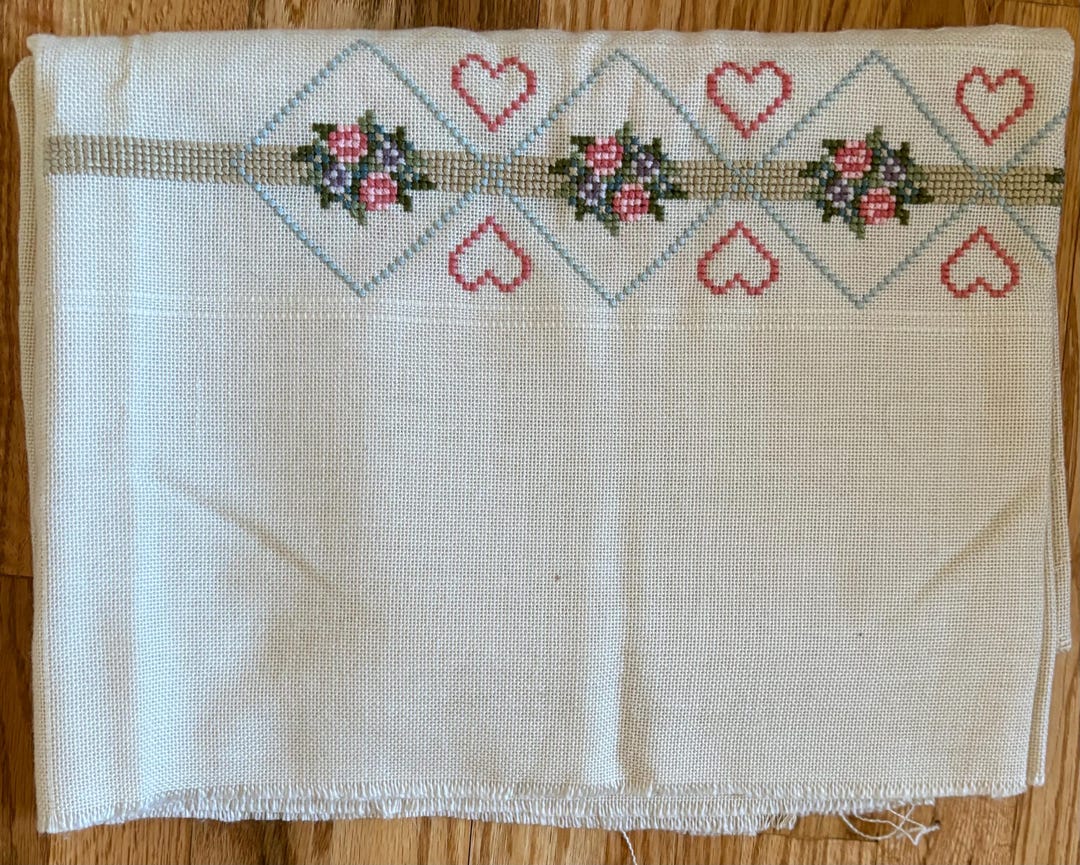 Large Vintage Linen Embroidery Panel • Unfinished Needlework Textile ...