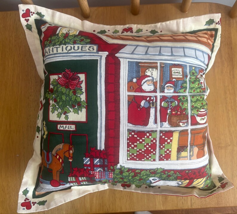 Handmade Christmas Throw Pillow •susan Winget Fabric, Santa Shop Scene ...