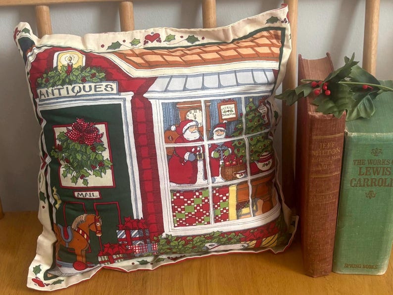 Handmade Christmas Throw Pillow •susan Winget Fabric, Santa Shop Scene ...
