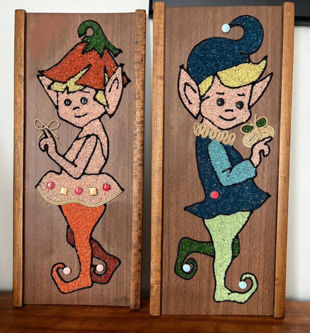 Mid Century Modern Gravel Art Elves Wall Decor Pair • Colorful Vintage ...