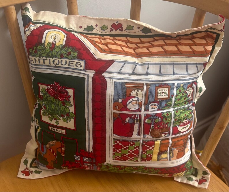 Handmade Christmas Throw Pillow •susan Winget Fabric, Santa Shop Scene ...