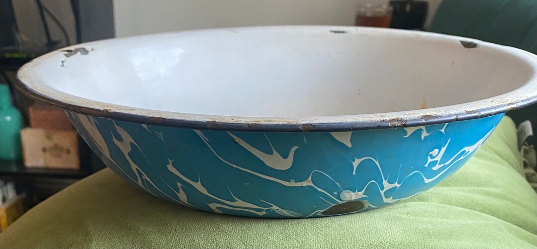 Enamelware Bowl Vintage Aged Rusted Pan Blue Swirl Rusted Farmhouse ...