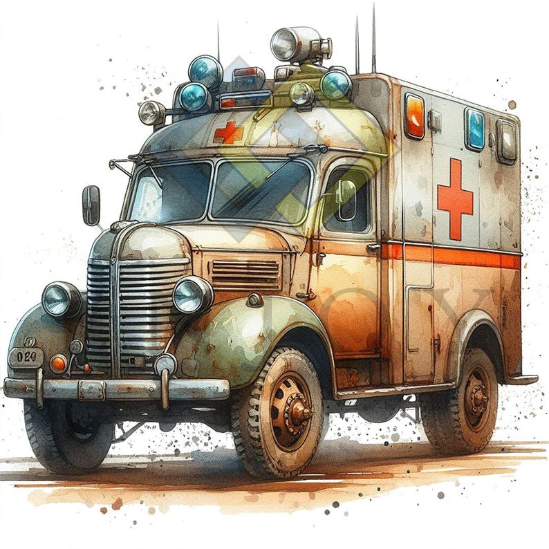 Vintage Rusty Ambulance Watercolor Clipart Retro Medical Vehicle Illustration, Medical Vehicle ...