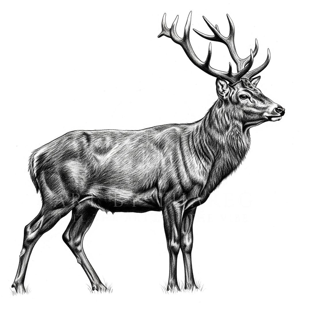 Red Deer Stag Pencil Drawing: Wildlife Art Print (JPG & PNG Digital ...