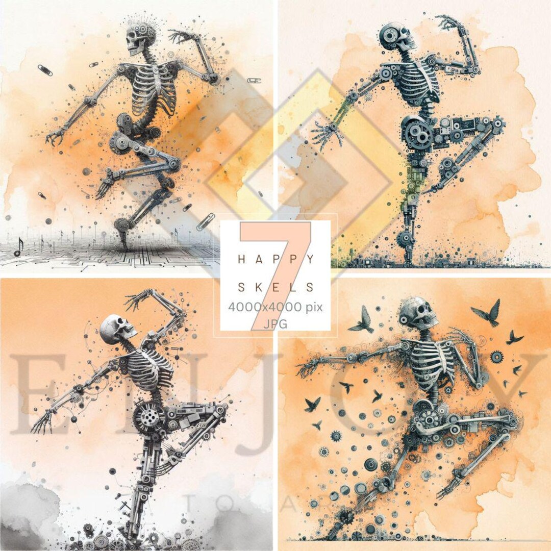 Skeleton Clipart Bundle, Funny Dancer Skeleton JPG, Watercolor Skeleton ...