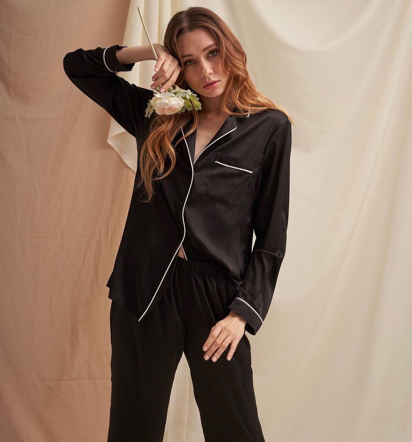 Silk Pajama Set for Woman Silk Long Pajamas Silk Pyjamas Black - Etsy