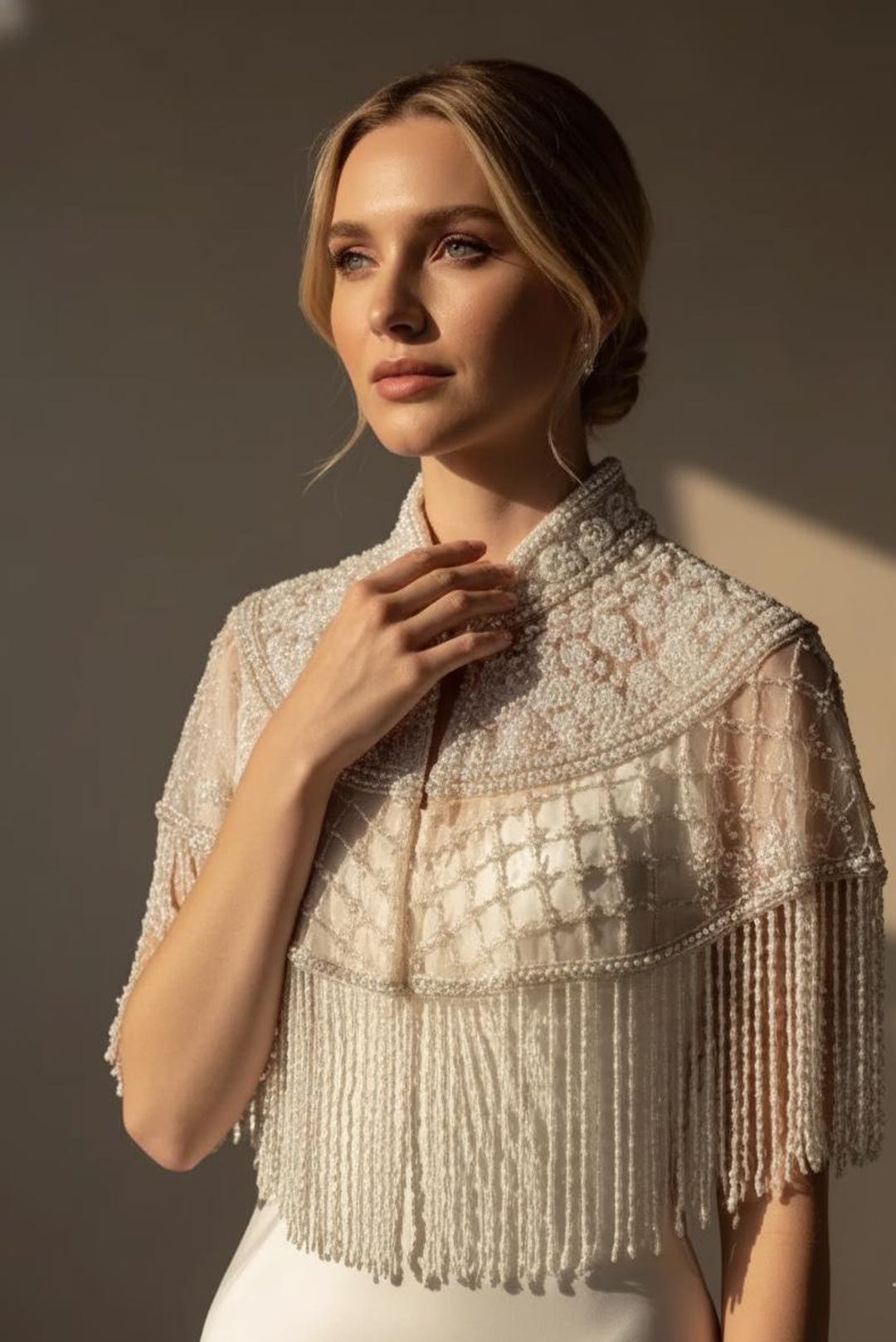Luxury Pearl Flecolet Handmade Bridal Pearl Fringe Shawl Wedding ...