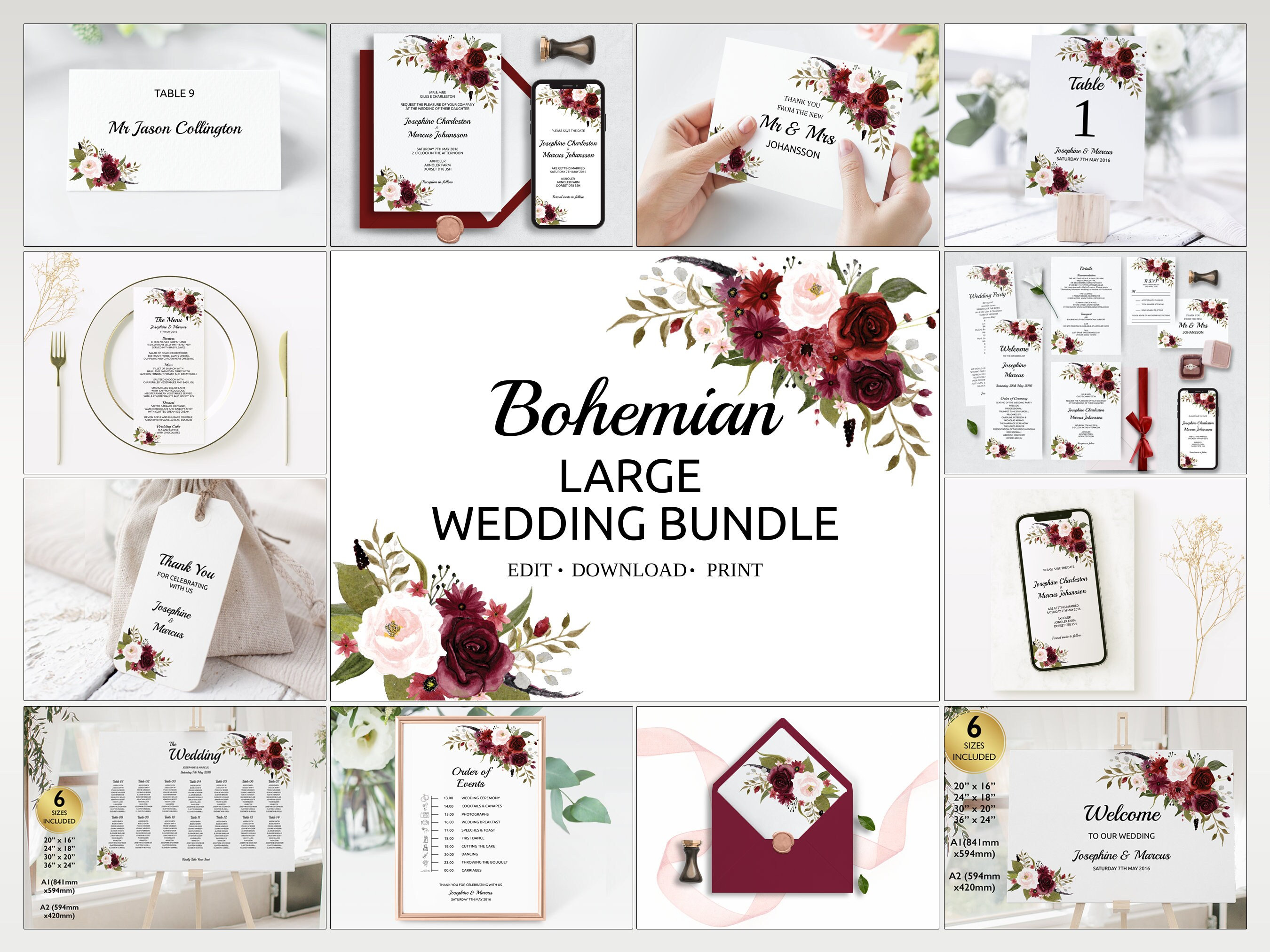 BOHEMIAN Wedding Invitation Bundle, Invitation MEGA Bundle, Editable ...
