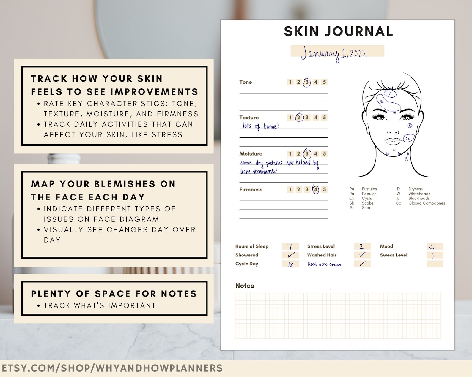 Daily Skin & Acne Journal PDF Printable | Skin Tracker for Face + Body ...