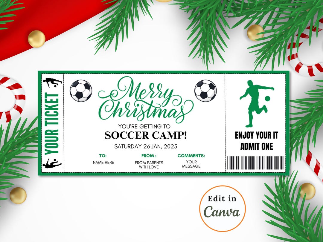 Editable CHRISTMAS SOCCER Camp VOUCHER, Gift Ticket Template, Perfect ...