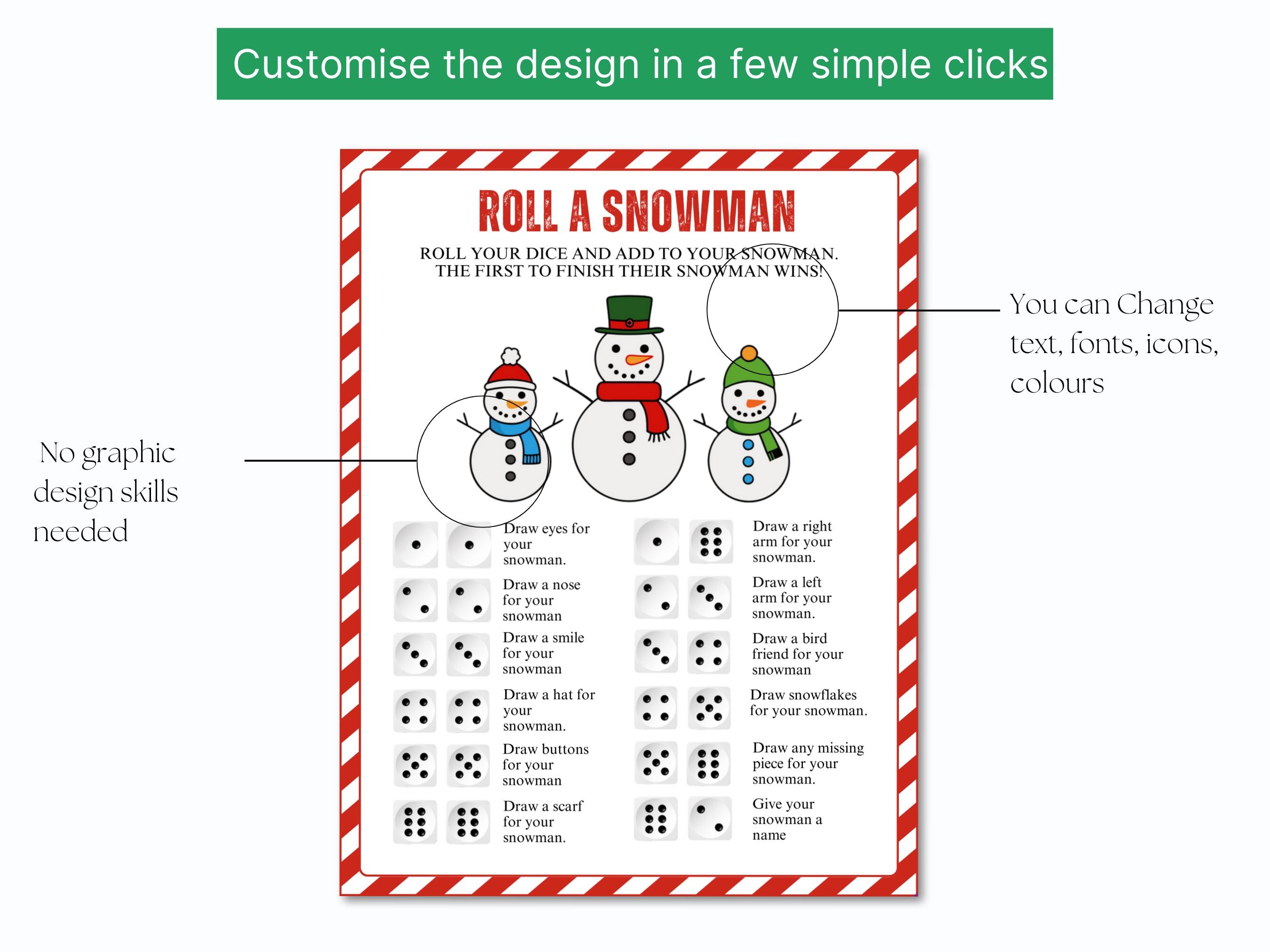 Editable ROLL A SNOWMAN, Fun Printable Game for Family Holiday Fun ...