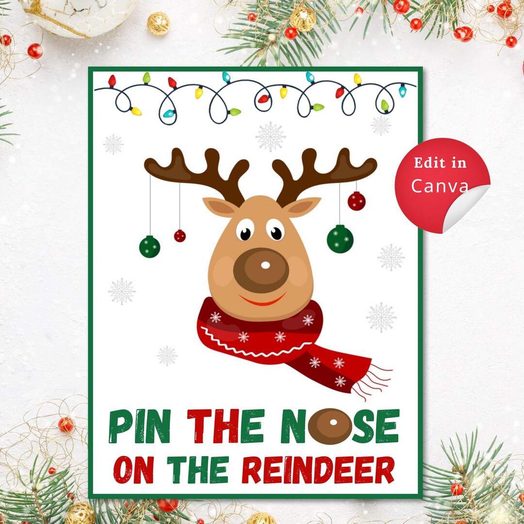 Editable REINDEER NOSE Game, Fun Christmas Party Activity, Pin the Nose ...