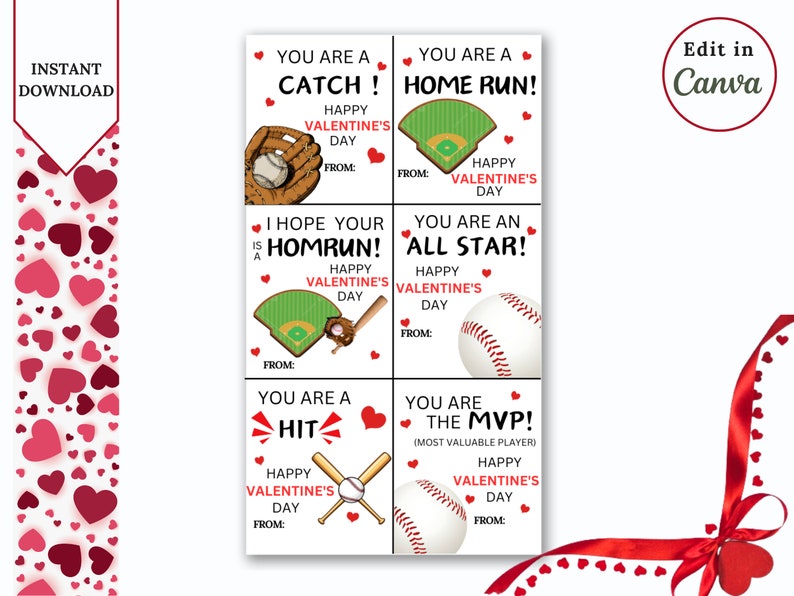 Editable BASEBALL VALENTINE CARDS, Valentine's Day Card, Baseball ...