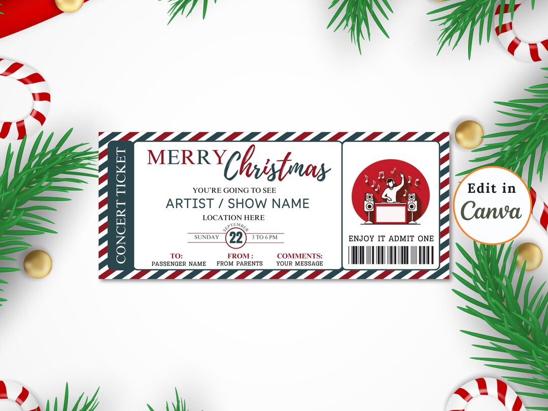 Editable CHRISTMAS CONCERT Ticket Template, CONCERT Gift for Holiday ...