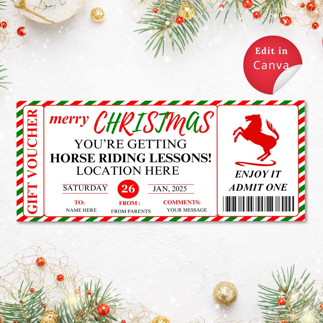 Editable Horse Riding Lessons GIFT Voucher Template, CHRISTMAS, Horse ...