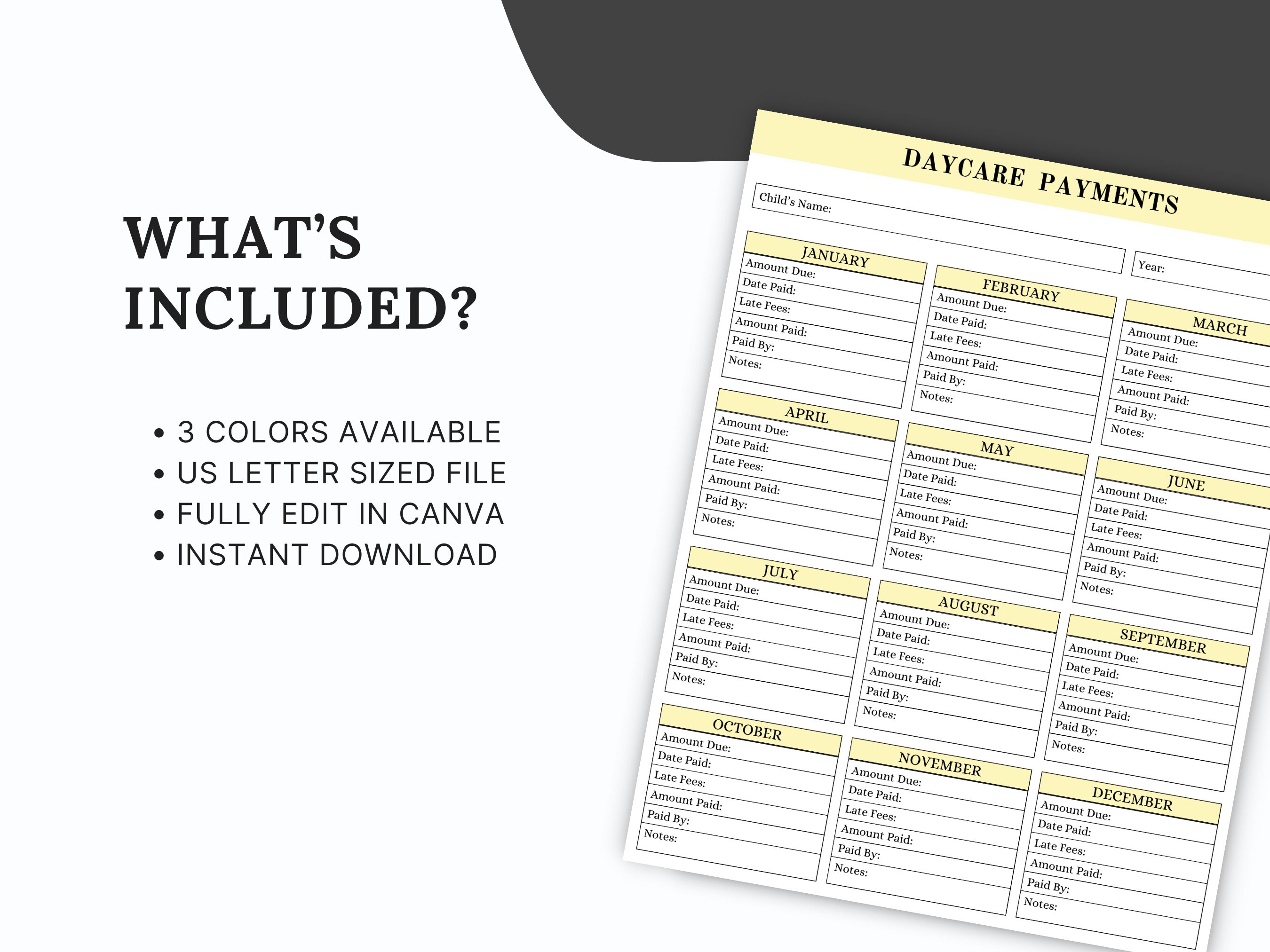 Editable DAYCARE PAYMENTS PRINTABLE, Payment Record, Home Daycare ...