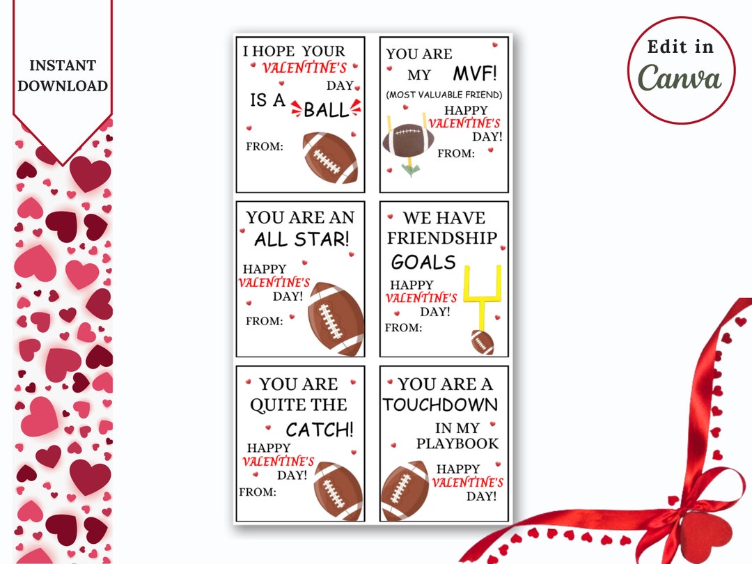 EDITABLE FOOTBALL VALENTINE Cards, Kids Valentine Card, Boys Valentine ...