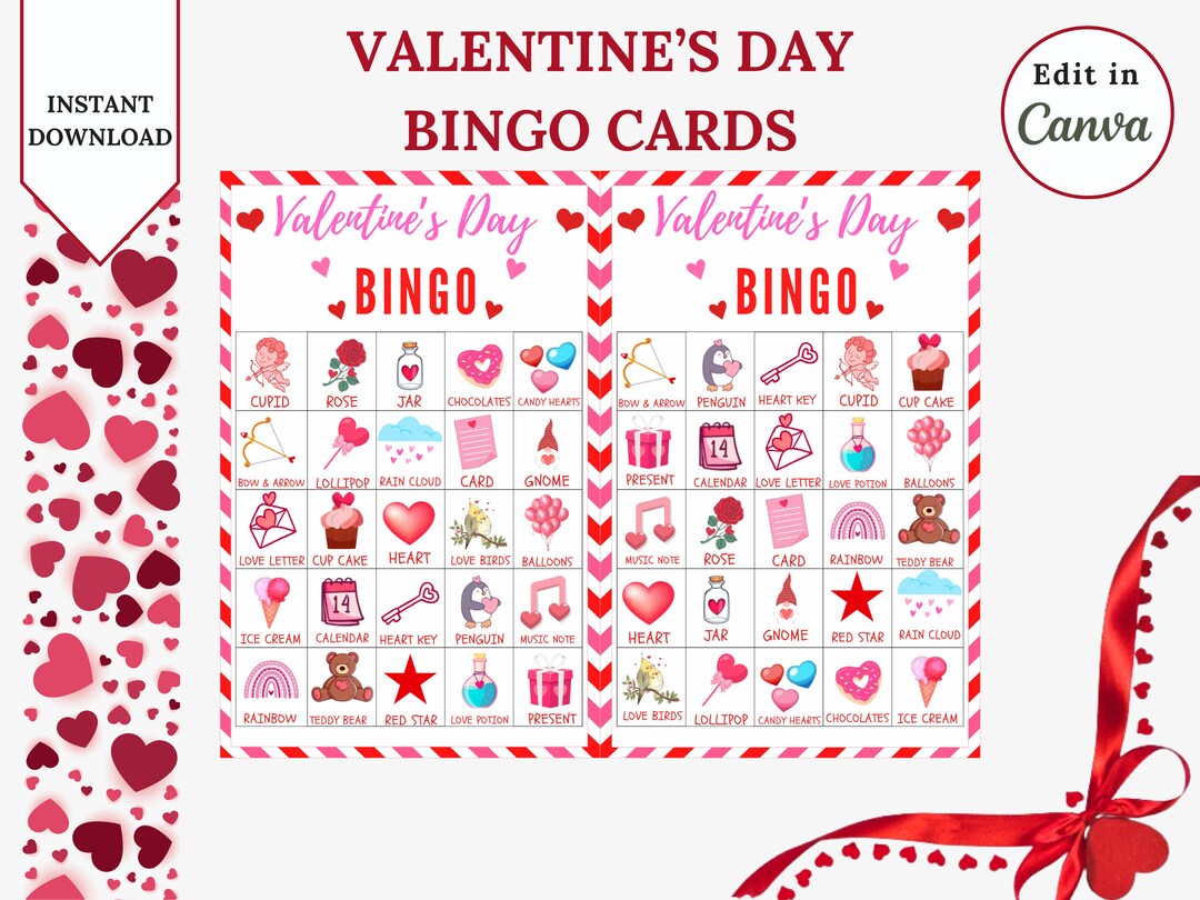 PRINTABLE VALENTINES BINGO Cards Editable, Bingo Card Valentine,class ...