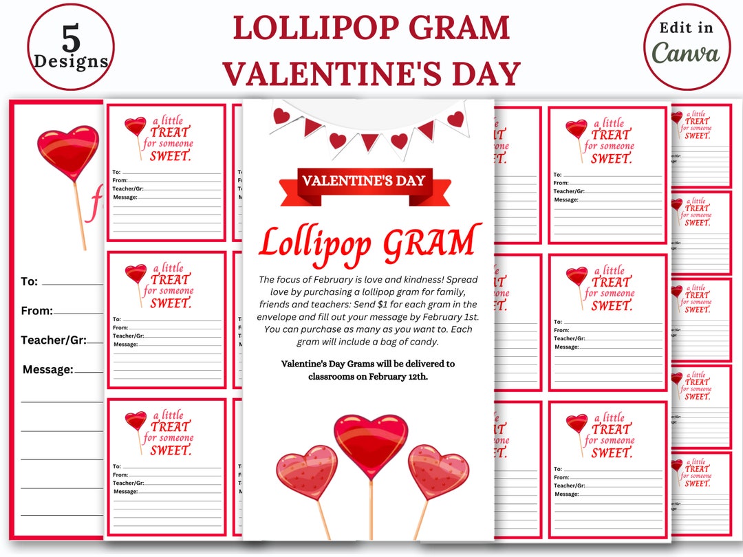 EDITABLE VALENTINES DAY Lollipop Gram, Valentine's Grams, Candy Gram ...