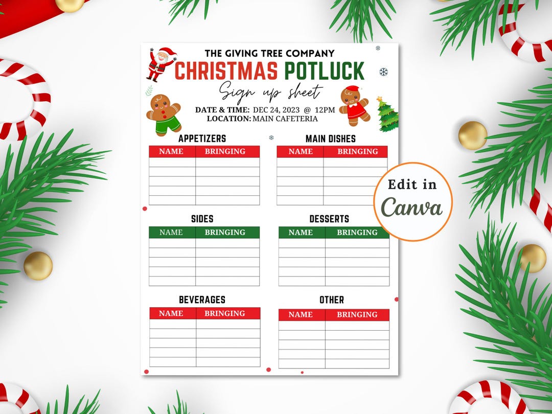 Editable Christmas Potluck SIGN-UP Sheet, Holiday Template for Food ...
