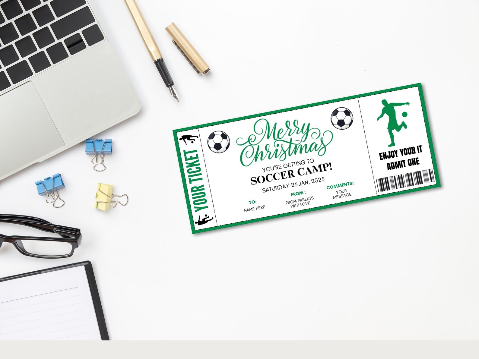 Editable CHRISTMAS SOCCER Camp VOUCHER, Gift Ticket Template, Perfect ...