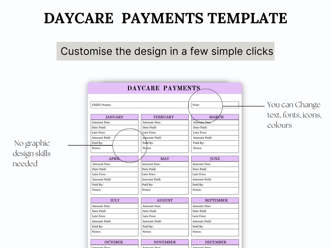 Editable DAYCARE PAYMENTS PRINTABLE, Payment Record, Home Daycare ...
