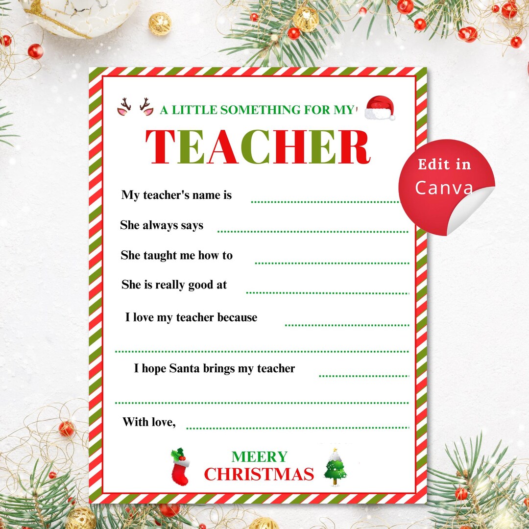 Editable TEACHER CHRISTMAS Card, Thank You, PRINTABLE Holiday Card ...