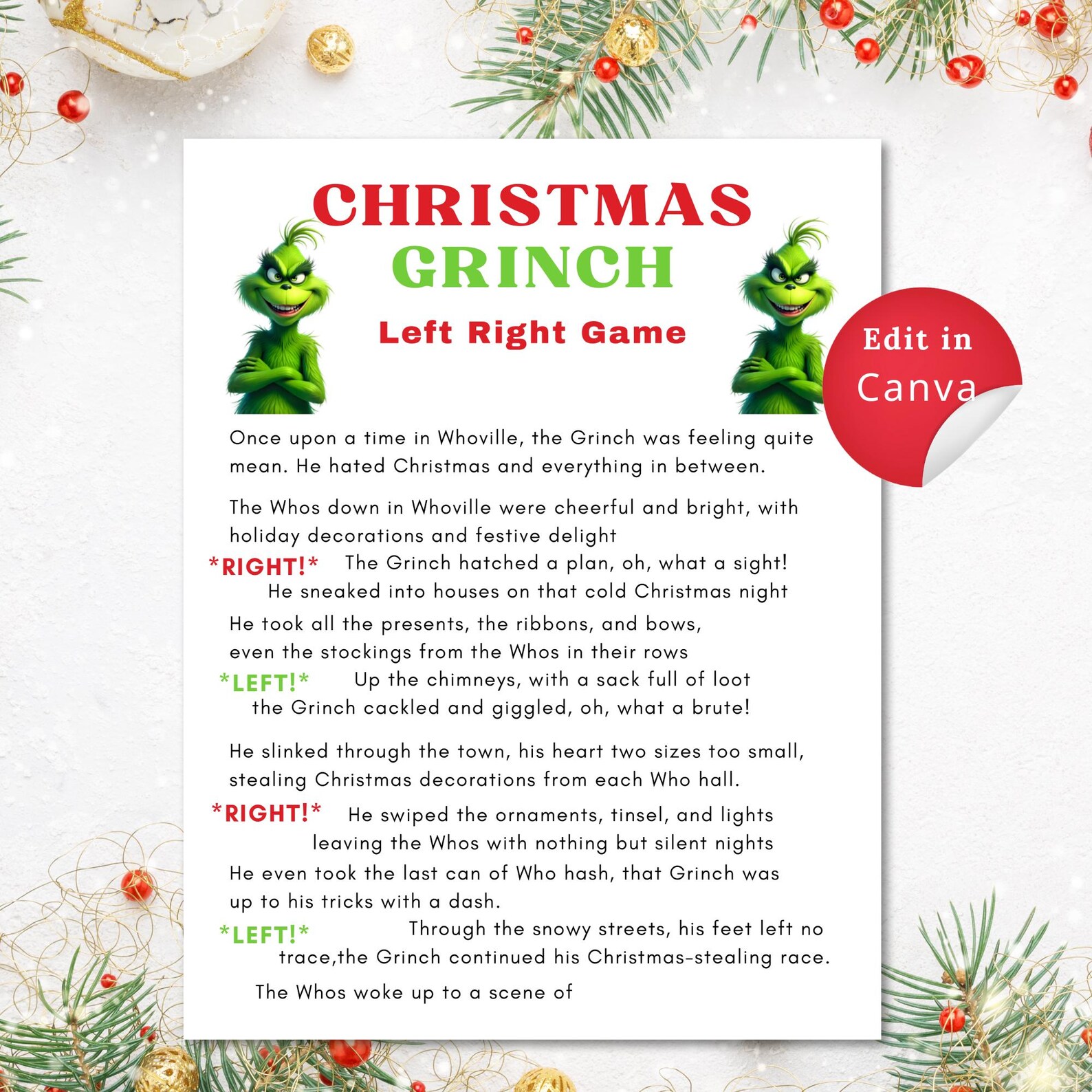 Editable CHRISTMAS GRINCH Left Right Game, Fun PRINTABLE for Adults and Kids, Instant Download ...