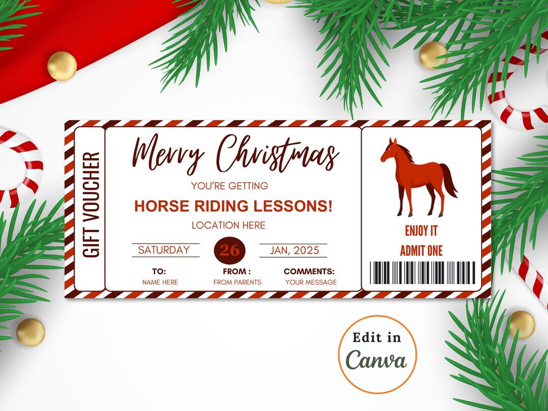 Editable Horse Riding Lessons GIFT Voucher Template, CHRISTMAS, Horse ...