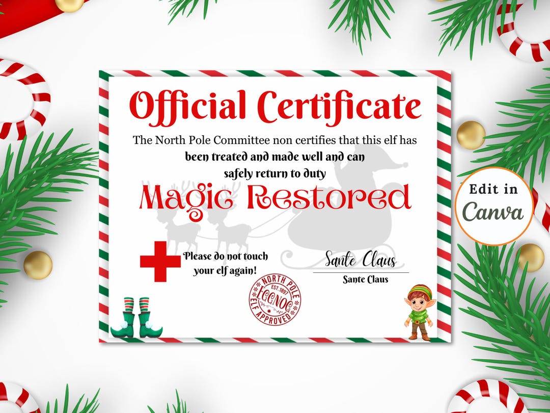 Editable ELF Recovery CERTIFICATE, WELLNESS Proof, Printable Christmas ...