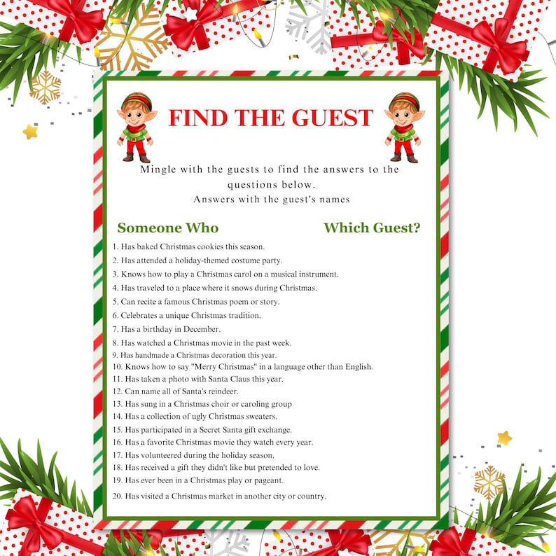 Editable Find the GUEST, CHRISTMAS Party Games, BINGO, Instant Download ...