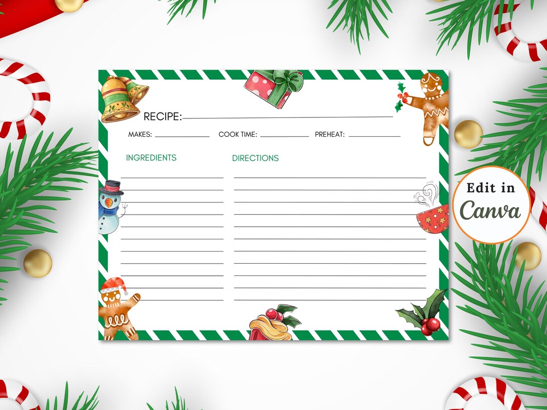 EDITABLE CHRISTMAS RECIPE Card, Holiday Recipe Card, Christmas Recipe ...