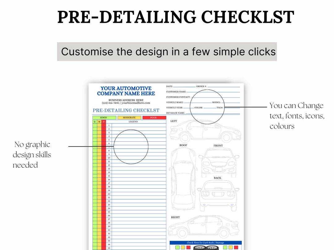 PRE-DETAIL VEHICLE Template,auto Detailing, Checklist for Cars,vehicle ...