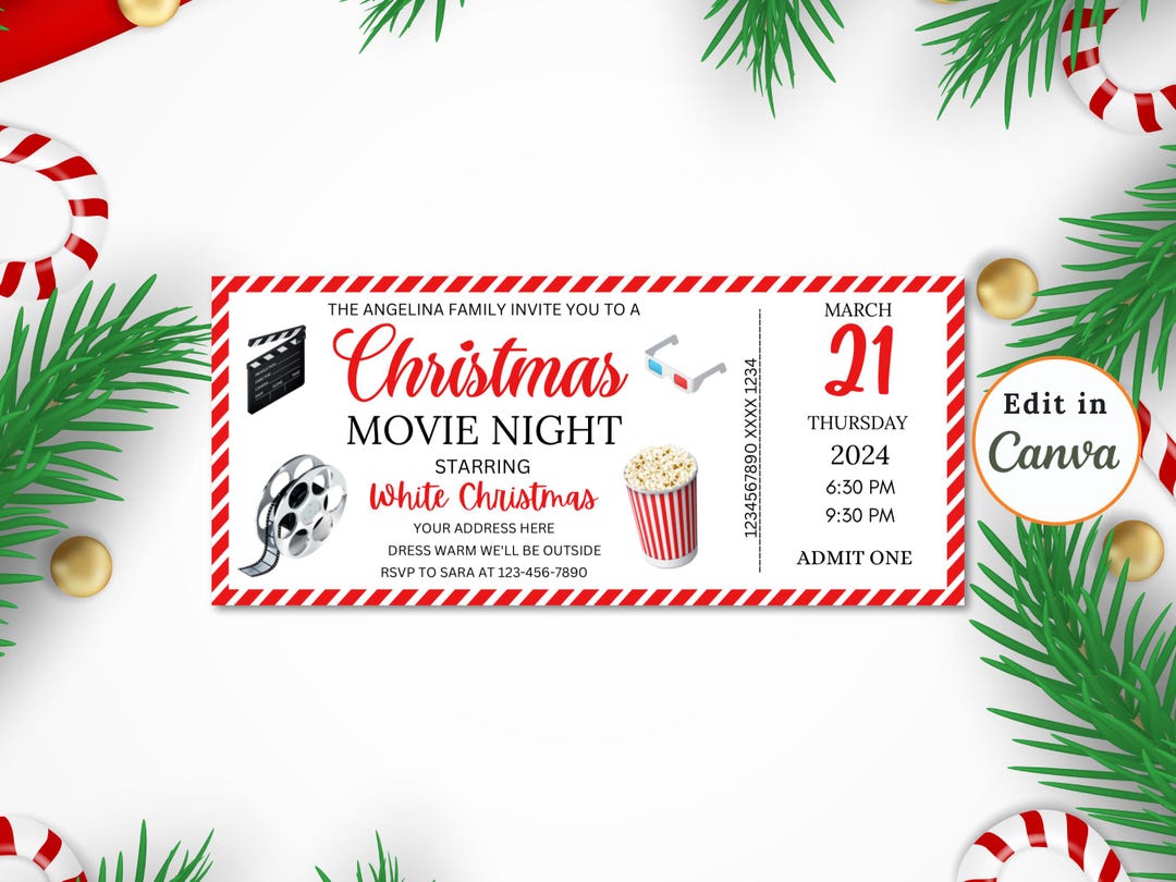 Editable CHRISTMAS MOVIE TICKET, Holiday Invitation, Electronic Invite ...