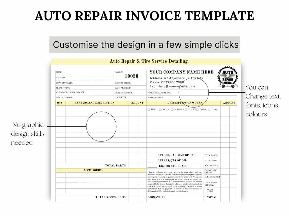 AUTO REPAIR INVOICE Template, Car Repair Invoice, Tire Repair Invoice ...