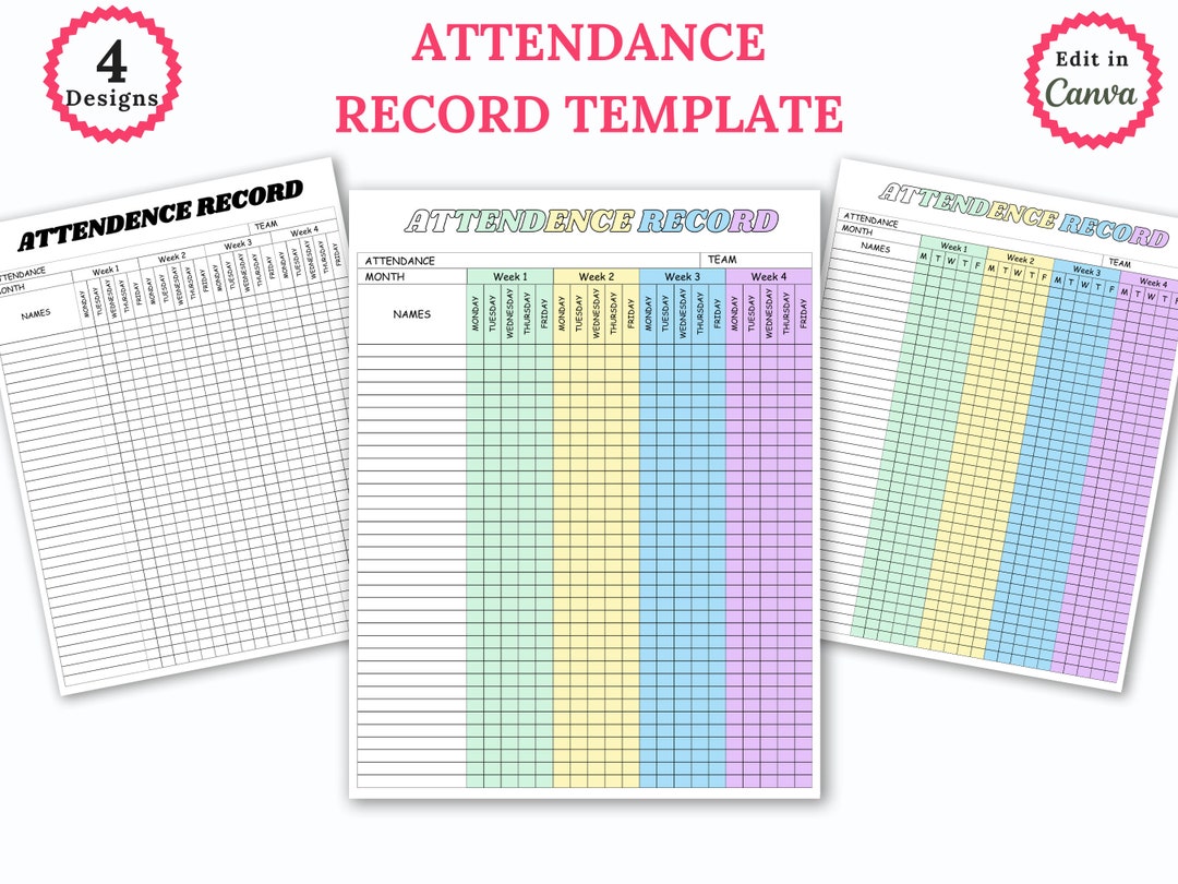 Editable ATTENDANCE RECORD TEMPLATE, Printable Attendance Tracker ...