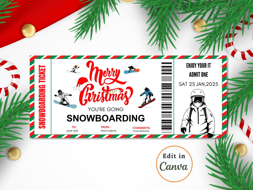 Editable SNOWBOARD TICKET TEMPLATE, Ski Trip Pass Gift Certificate ...