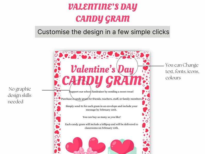 Editable VALENTINE'S DAY CANDY Gram Flyer, Candy Gram Flyer, Valentine ...