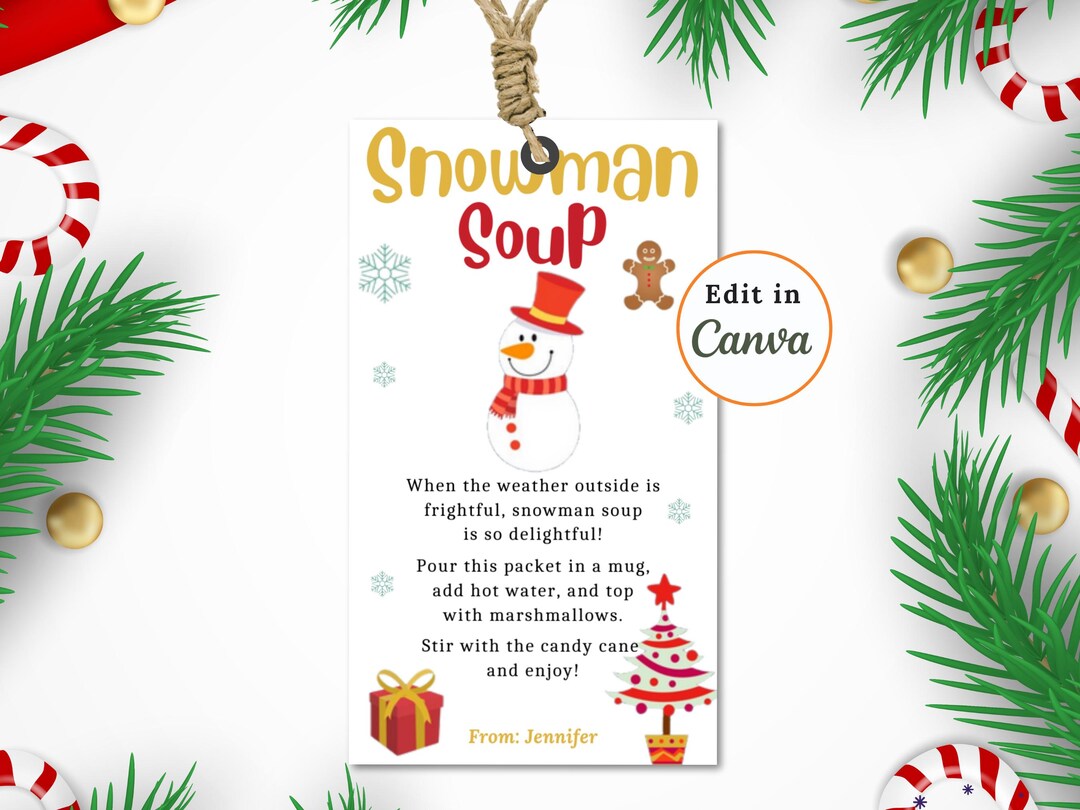 Editable SNOWMAN Soup Hot COCOA Gift Tag, Fun SNOWMAN Printable for Hot ...