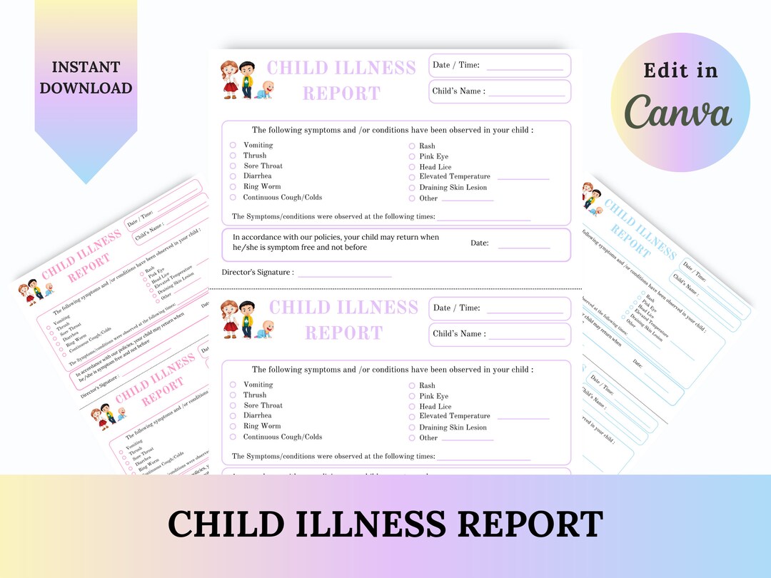 Editable CHILD ILLNESS REPORT, Child Illness Notice,daycare Forms,daycare Sick Notice,daycare ...