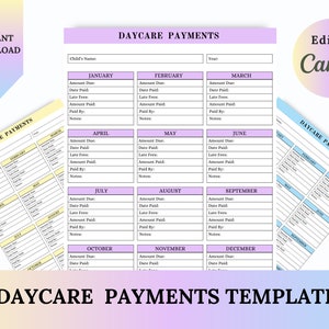 Editable DAYCARE PAYMENTS PRINTABLE, Payment Record, Home Daycare ...