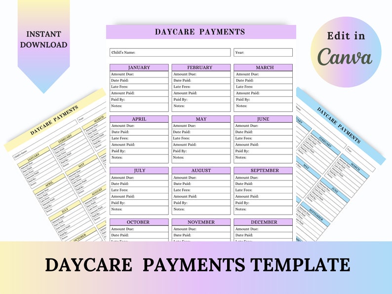 Editable DAYCARE PAYMENTS PRINTABLE, Payment Record, Home Daycare ...