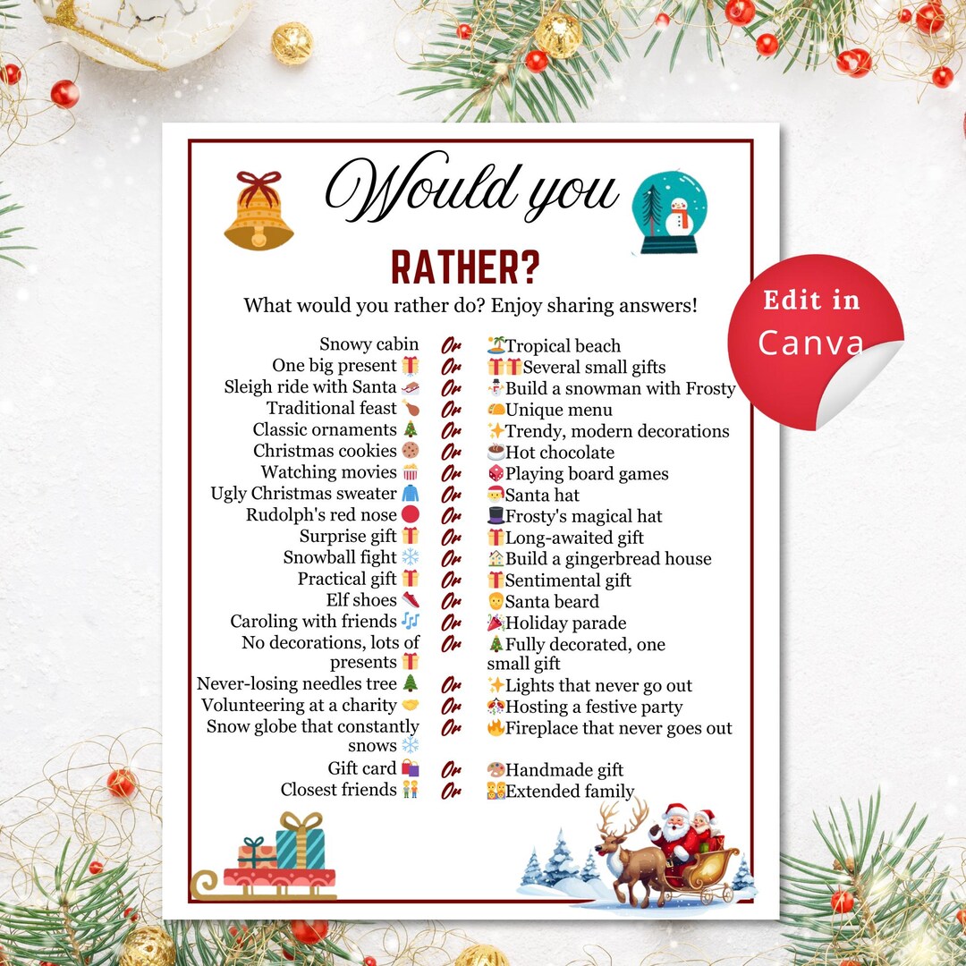 Editable Christmas WOULD You RATHER Game, Fun Office Party Activity ...
